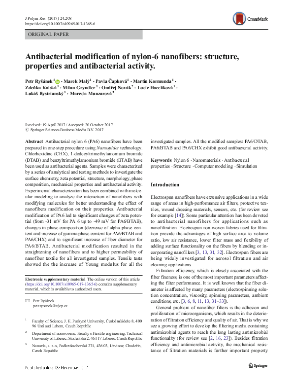 (PDF) Antibacterial modification of nylon-6 nanofibers: structure, properties and antibacterial ...