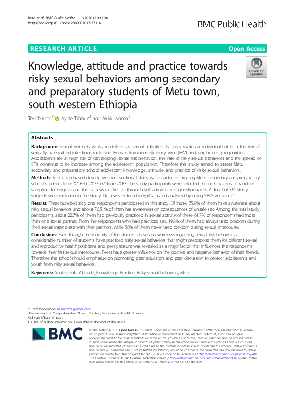 (PDF) Risky Sexual Behaviors Among Adolescents in Metu, Ethiopia