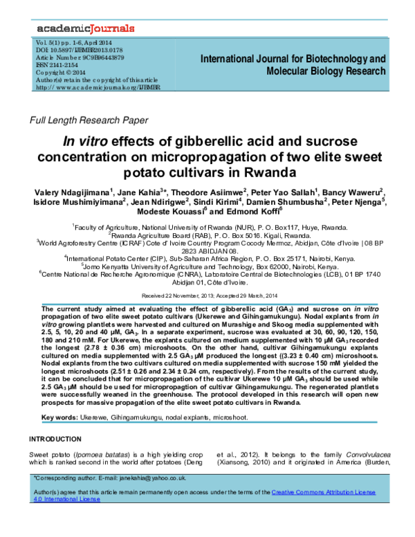 Pdf In Vitro Effects Of Gibberellic Acid And Sucrose Concentration On Micropropagation Of Two