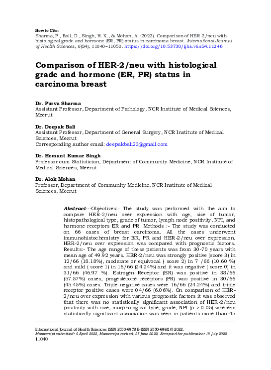 (PDF) Comparison of HER-2/neu with histological grade and hormone (ER ...