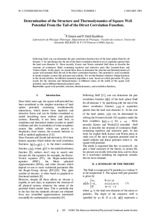 (PDF) Determination of the Structure and Thermodynamics of Square Well Potential From the Tail ...