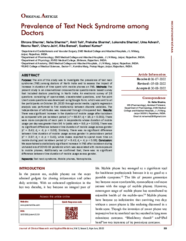 (PDF) Prevalence of Text Neck Syndrome among Doctors