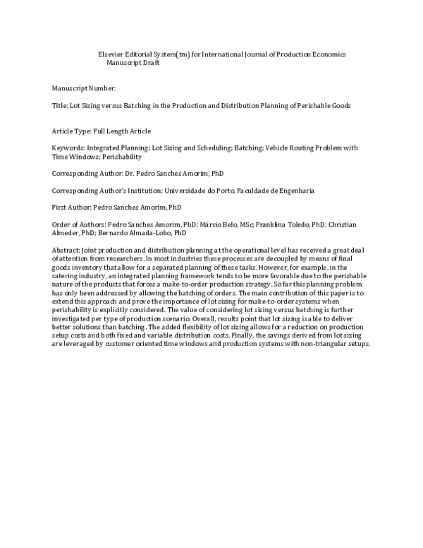 Pdf Lot Sizing Versus Batching In The Production And Distribution Planning Of Perishable Goods