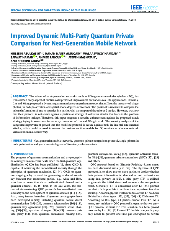 (PDF) Improved Dynamic Multi-Party Quantum Private Comparison for Next-Generation Mobile Network