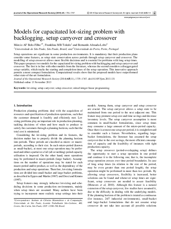 Pdf Models For Capacitated Lot Sizing Problem With Backlogging Setup Carryover And Crossover