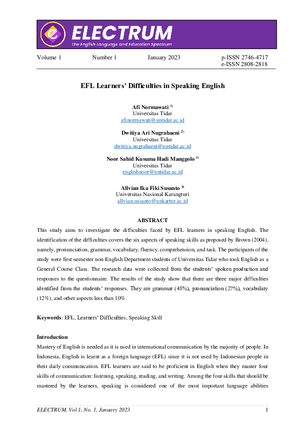 (PDF) EFL Learners' Difficulties in Speaking English