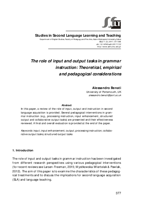 (PDF) The role of input and output tasks in grammar instruction: Theoretical, empirical and ...