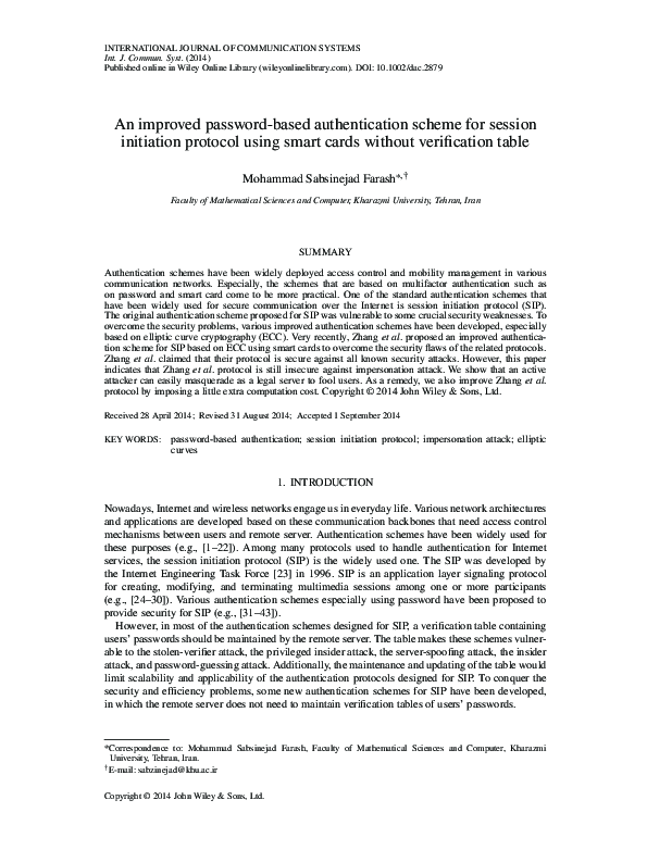 (PDF) An improved password-based authentication scheme for session initiation protocol using ...