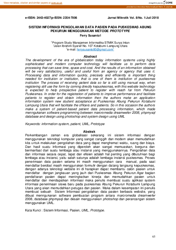(PDF) Sistem Informasi Pengolahan Data Pasien Pada Puskesmas Abung Pekurun Menggunakan Metode ...