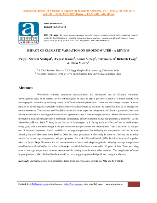 (PDF) Impact Of Climatic Variation On Groundwater - A Review