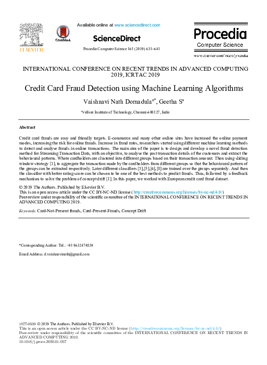 Pdf Credit Card Fraud Detection Using Machine Learning Algorithms