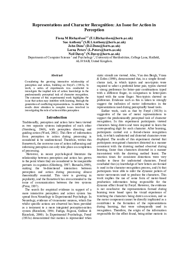 (PDF) Representations and Character Recognition: An Issue for Action in Perception