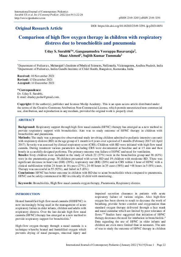 (PDF) Comparison of high flow oxygen therapy in children with ...