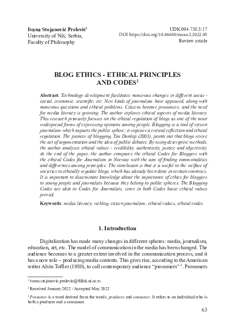 (PDF) Blog Ethics - Ethical Principles and Codes