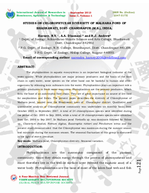 (PDF) Studies on Chlorophycean Diversity of Malhara Pond of Bhadrawati ...