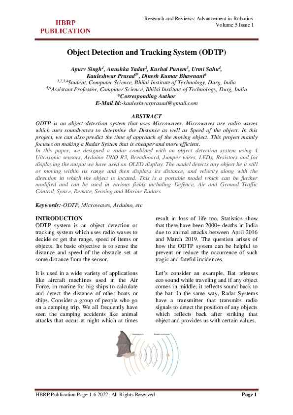 (PDF) Object Detection and Tracking System (ODTP)