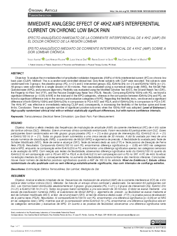 (PDF) Immediate Analgesic Effect of 4KHZ Amfs Interferential Current on Chronic Low Back Pain
