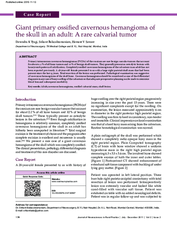 (PDF) Giant primary ossified cavernous hemangioma of the skull in an ...
