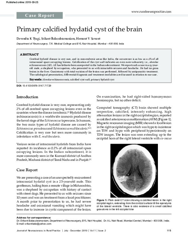 (PDF) Primary calcified hydatid cyst of the brain