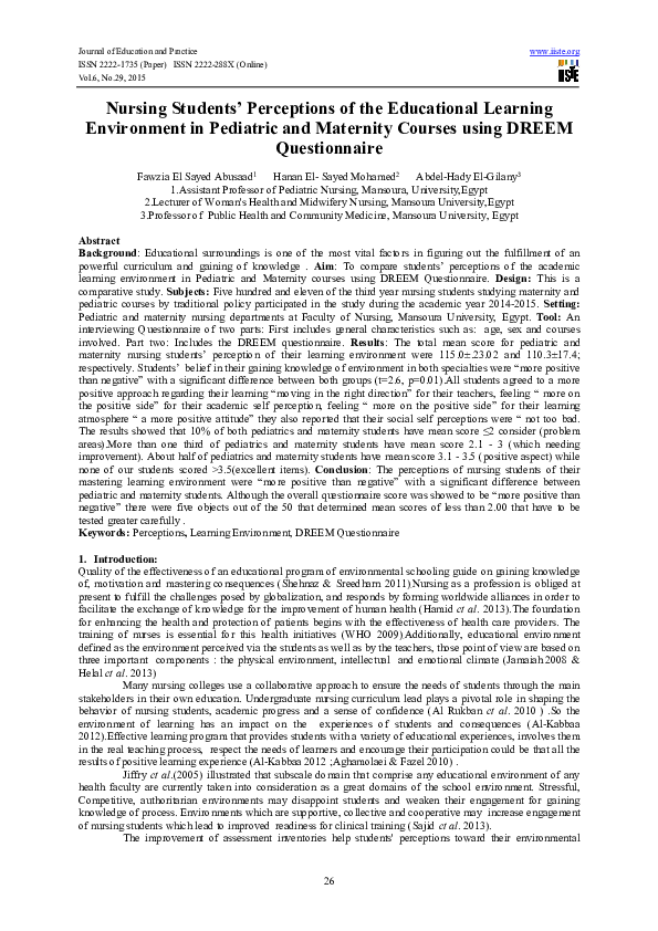 (PDF) Nursing Students’ Perceptions of the Educational Learning Environment in Pediatric and ...