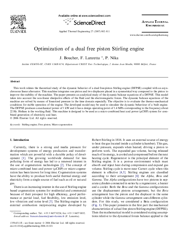 (PDF) Optimization of a dual free piston Stirling engine