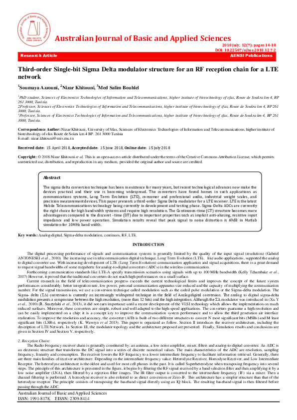 (PDF) Third-order Single-bit Sigma Delta modulator structure for an RF ...