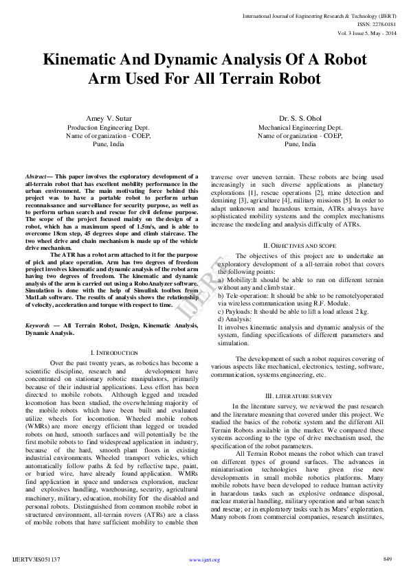 (PDF) Kinematic And Dynamic Analysis Of A Robot Arm Used For All Terrain Robot