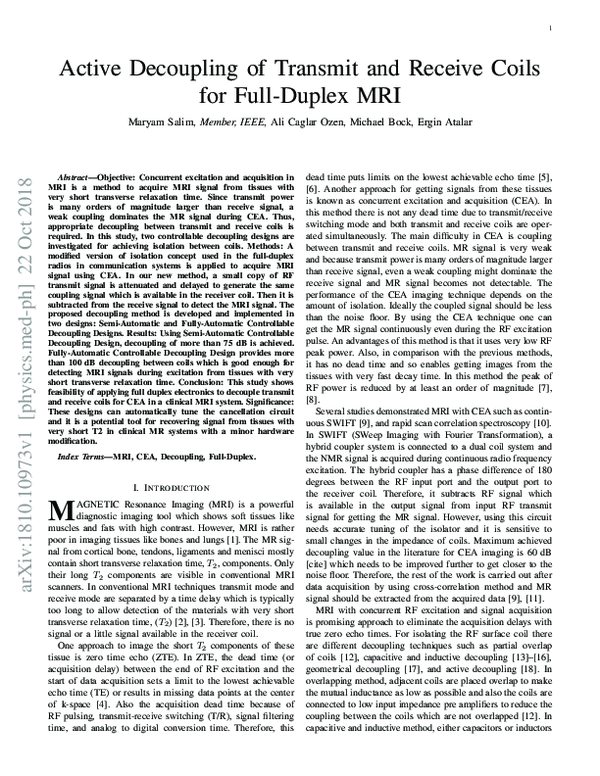 (PDF) Active Decoupling of Transmit and Receive Coils for Full-Duplex MRI