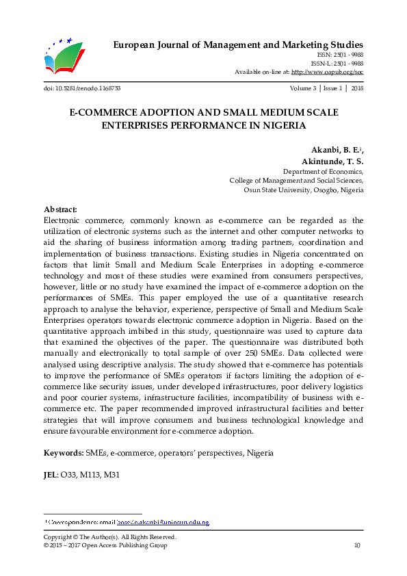 (PDF) E-Commerce Adoption and Small Medium Scale Enterprises Performance in Nigeria