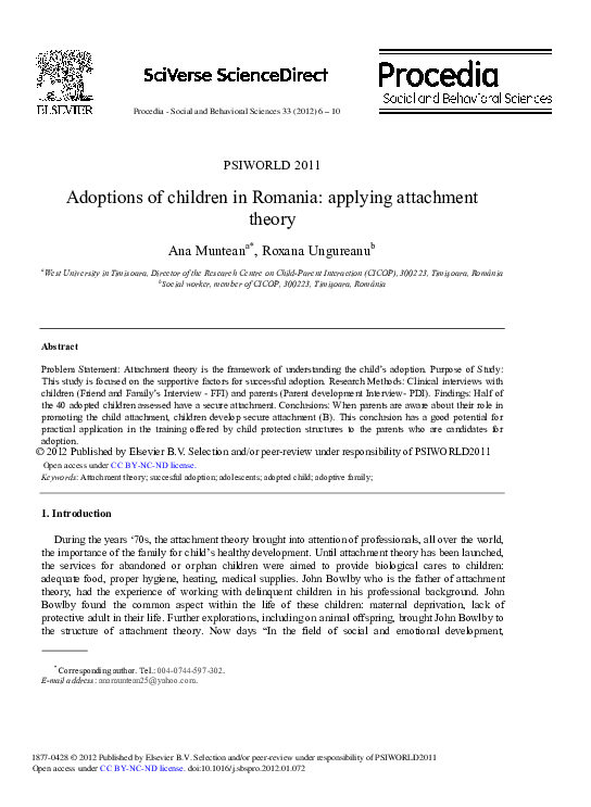 (PDF) Adoptions of children in Romania: Applying attachment theory (PDF) Adoptions of children in Romania: Applying attachment theory