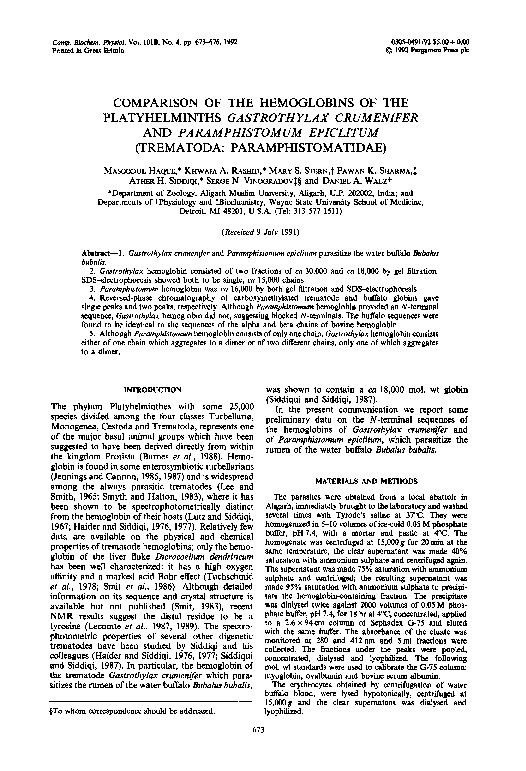Comparison of the hemoglobins of the platyhelminths Gastrothylax ...