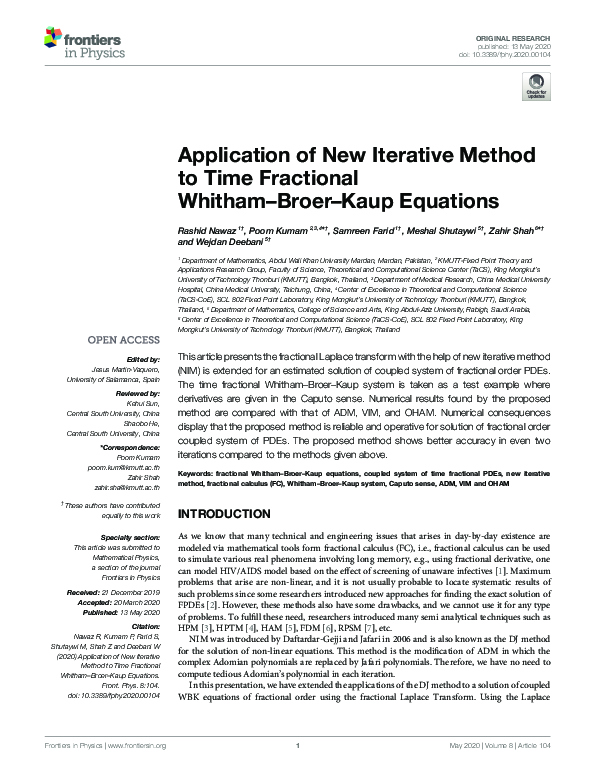 Pdf Application Of New Iterative Method To Time Fractional Whitham