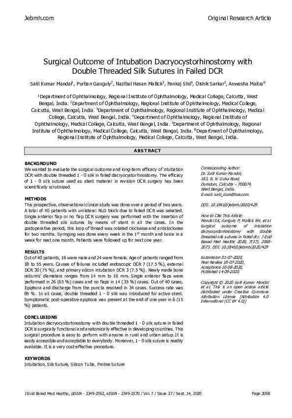 (PDF) Surgical Outcome of Intubation Dacryocystorhinostomy with Double ...
