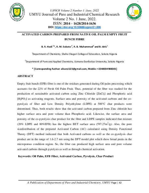 (PDF) ACTIVATED CARBON PREPARED FROM NATIVE OIL PALM EMPTY FRUIT BUNCH FIBRE
