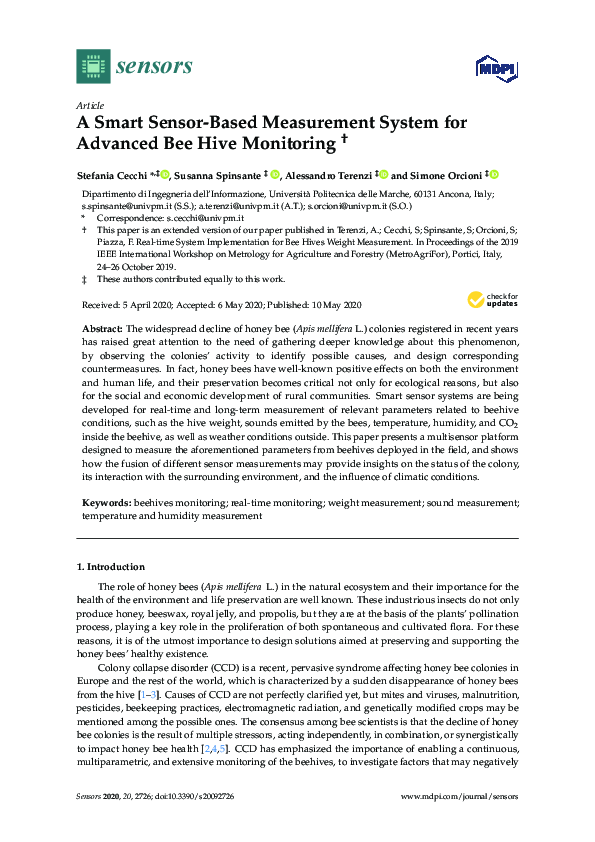 (PDF) A Smart Sensor-Based Measurement System for Advanced Bee Hive Monitoring | Simone Orcioni ...