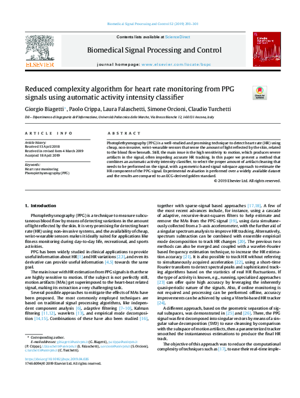 Pdf Reduced Complexity Algorithm For Heart Rate Monitoring From Ppg