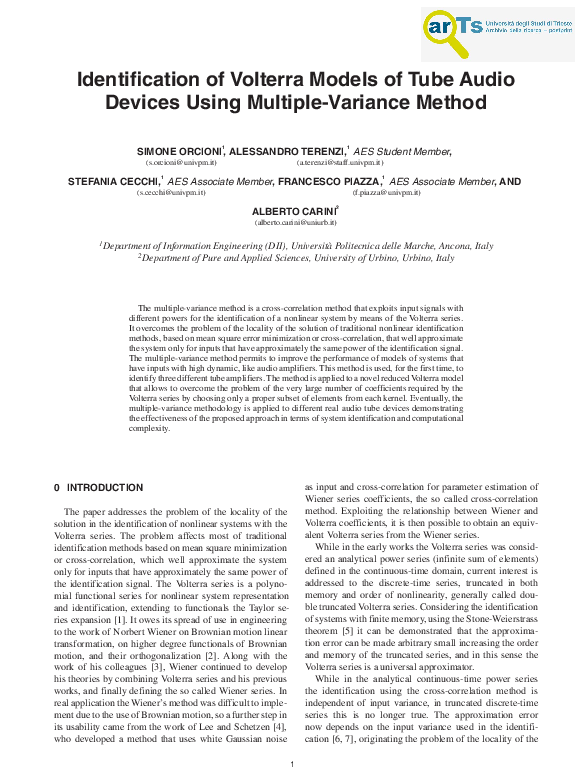 (PDF) Identification of Volterra Models of Tube Audio Devices using Multiple-Variance Method