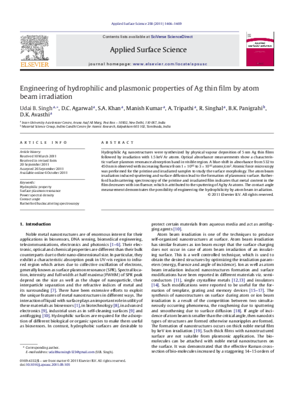 (PDF) Engineering of hydrophilic and plasmonic properties of Ag thin film by atom beam irradiation