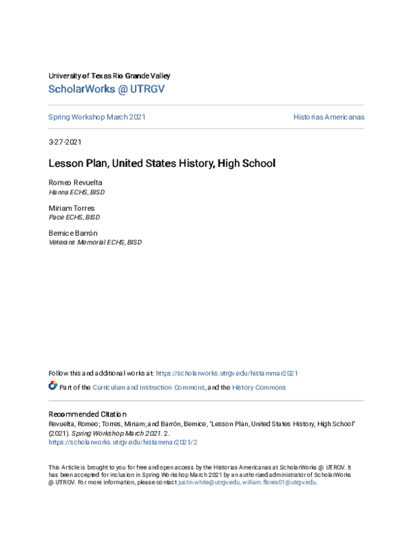 (PDF) Lesson Plan, United States History, High School
