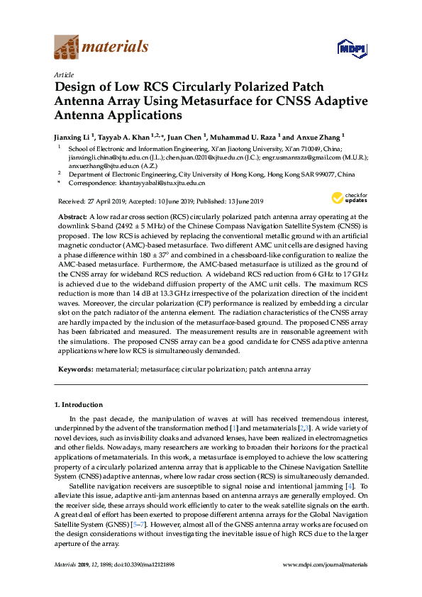 Pdf Design Of Low Rcs Circularly Polarized Patch Antenna Array Using