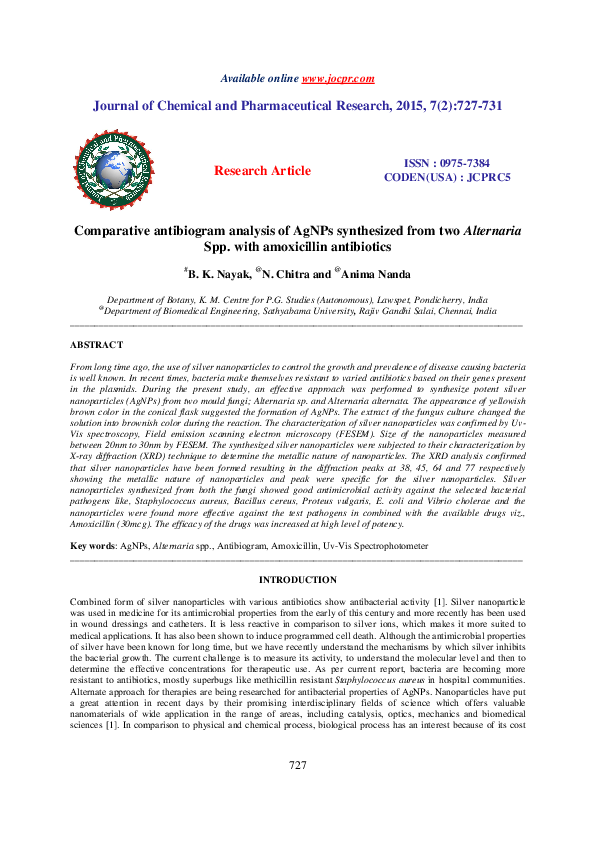 (PDF) Comparative antibiogram analysis of AgNPs synthesized from two ...