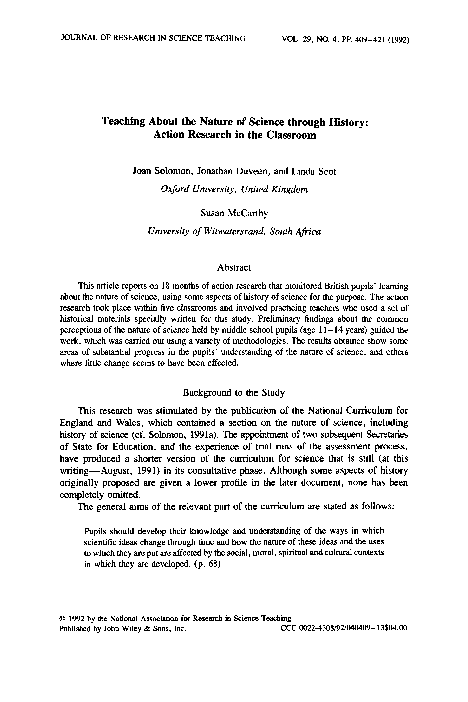 Pdf Teaching About The Nature Of Science Through History Action Research In The Classroom 