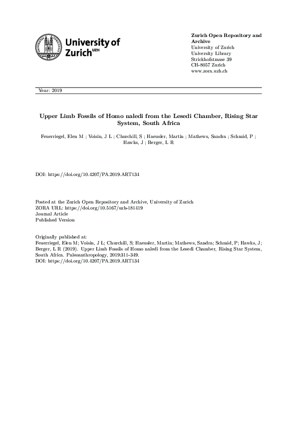 (PDF) Upper Limb Fossils of Homo naledi from the Lesedi Chamber, Rising ...