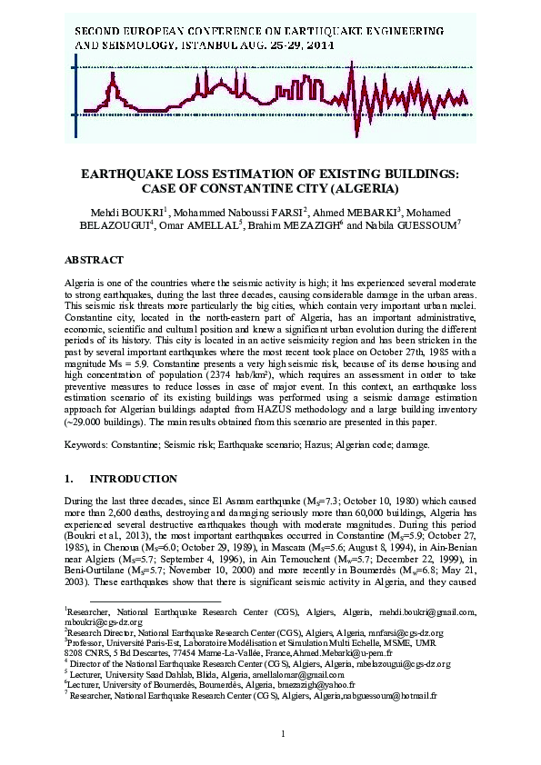 (PDF) Earthquake Loss Estimation of Existing Buildings : Case of Constantine City ( Algeria )