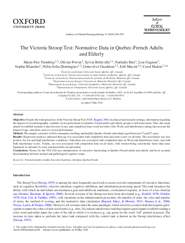(PDF) The Victoria Stroop Test: Normative Data in Quebec-French Adults ...