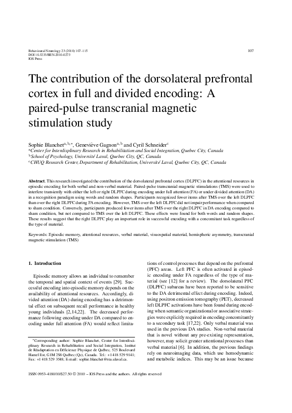(PDF) The Contribution of the Dorsolateral Prefrontal Cortex in Full and Divided Encoding: A ...