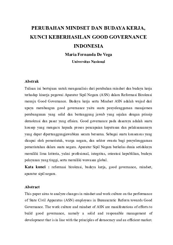 (PDF) PERUBAHAN MINDSET DAN BUDAYA KERJA, KUNCI KEBERHASILAN GOOD GOVERNANCE INDONESIA