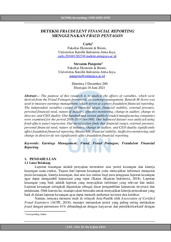 Pdf Deteksi Fraudulent Financial Reporting Menggunakan Fraud Pentagon