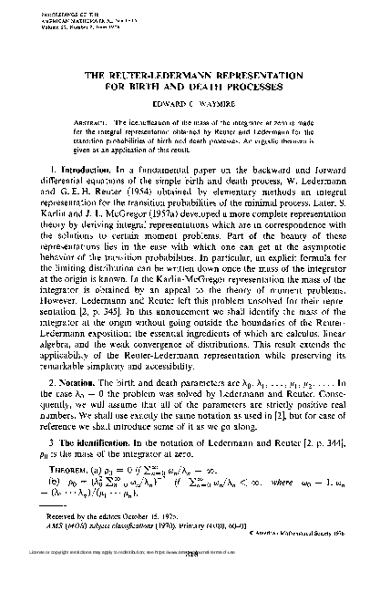 (PDF) The Reuter-Ledermann representation for birth and death processes
