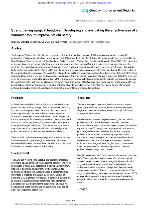 (PDF) Strengthening surgical handover: Developing and evaluating the ...